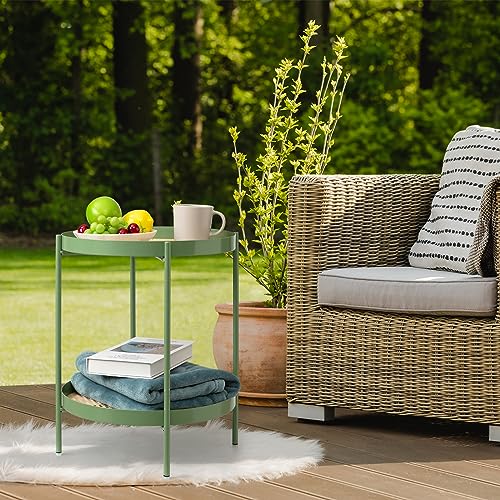 danpinera Metal Side Table, Imitation Rattan Green End Table with 2 Tier Removable Tray, Round Table for Small Spaces, Small Tables for Living Room 20.47 Inch x 16.54 Inch
