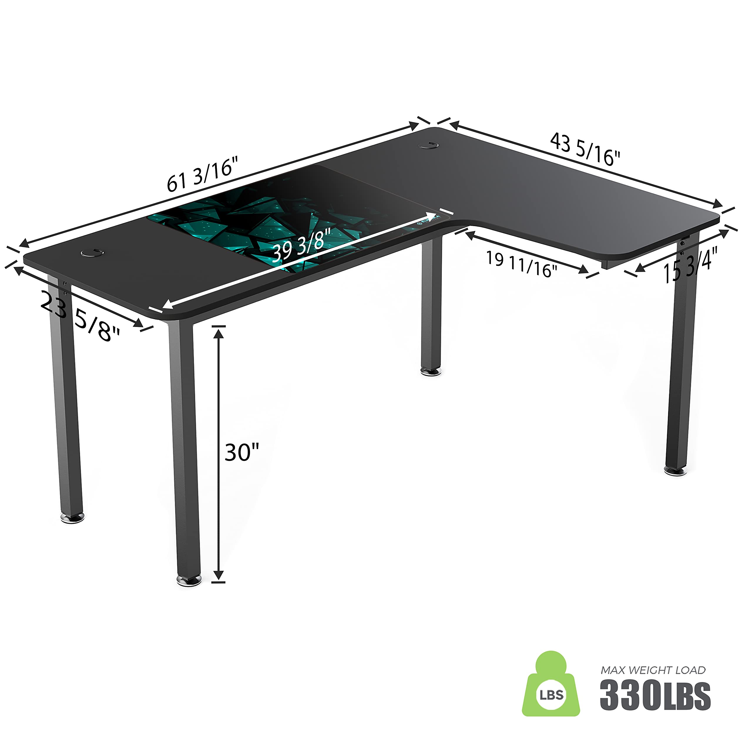 It's_Organized L Shaped Gaming Desk, 60 Inch Corner Computer Desk, Study Writing Desk, Ergonomic Gaming Table Workstation with Large Mouse Pad, Sturdy Metal Frame, Easy to Assemble, Right Side Black