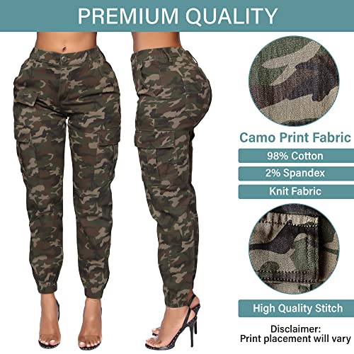 Double Denim Women's High Waist Jogger Pants - Casual Cargo Elastic Waistband Sweatpants Tapered Fatigue with 6 Pockets SCP-2049 Camo XL