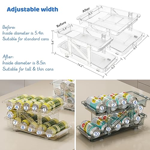 Attelite Upgrade Soda Can Organizer with Adjustable Width, Double-Layer Automatic Rolling Stackable Beverage Can Dispenser Rack for Standard Cans, Skinny Cans, And Tall Cans (Clear，set of 2)