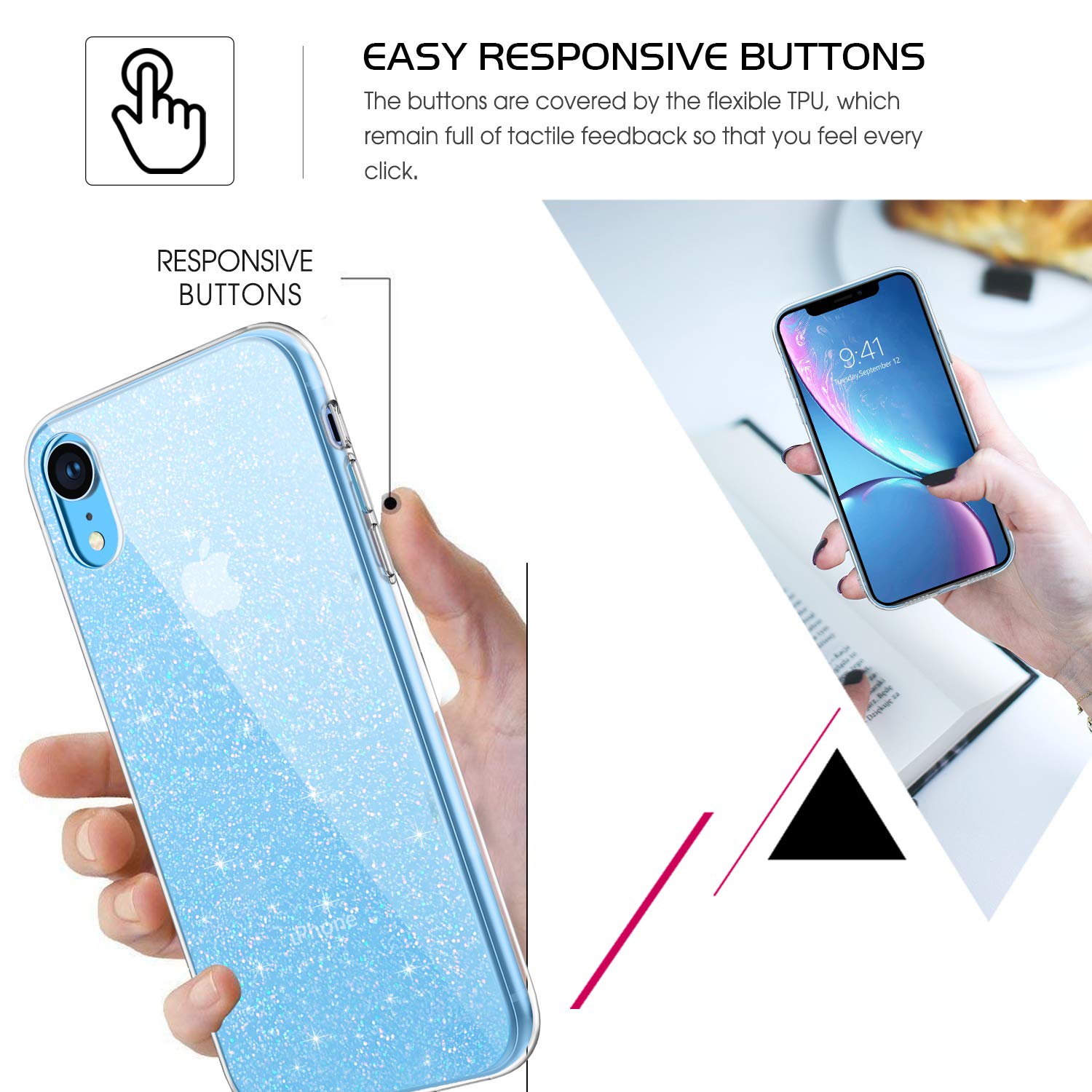 BENTOBEN iPhone XR Cases, Crystal Clear Glitter Slim Thin Soft TPU Bumper Case for iPhone XR 6.1 inch-Clear Glitter