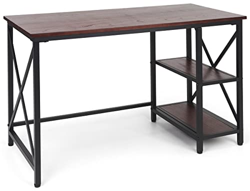 Displays2go Industrial-Style Desk, Two Shelves, Steel X Sides - Dark Wood Tone (FDXDESKBRN)