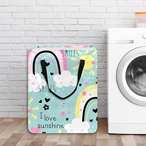 Cute Rainbow Clouds Sun Print Collapsible Laundry Hamper, 60L Waterproof Laundry Baskets Washing Bin Clothes Toys Storage for Dorm Bathroom Bedroom