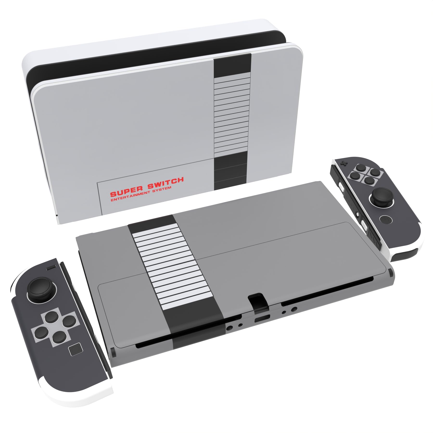 PlayVital Full Set Protective Stickers for Nintendo Switch OLED Model, Customized Vinyl Decal Skins for Switch OLED Console & Joycon & Dock & Grip - Classics NES Style
