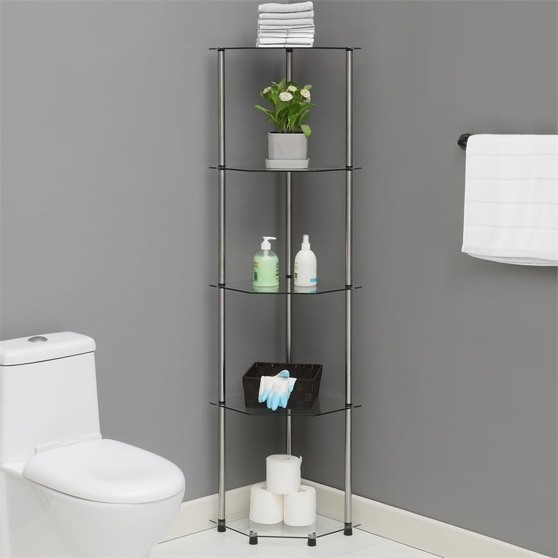 Casafoyer Designs2Go Classic Glass Five-Tier Corner Tower|Clear Tempered Glass Shelves|Stainless Steel Legs|Easy Assembly|60.25" Height