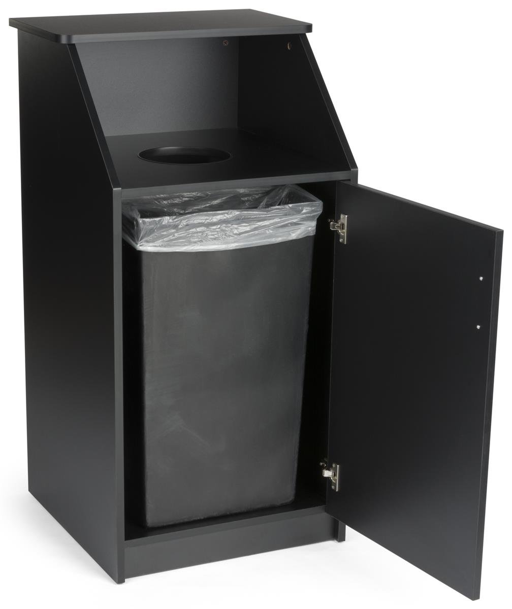 Displays2go Commercial Trash Bin with Black Finish, MDF Construction, Melamine Finish, Circular Cutout - Hinged Door (LCKDTLCSBK)