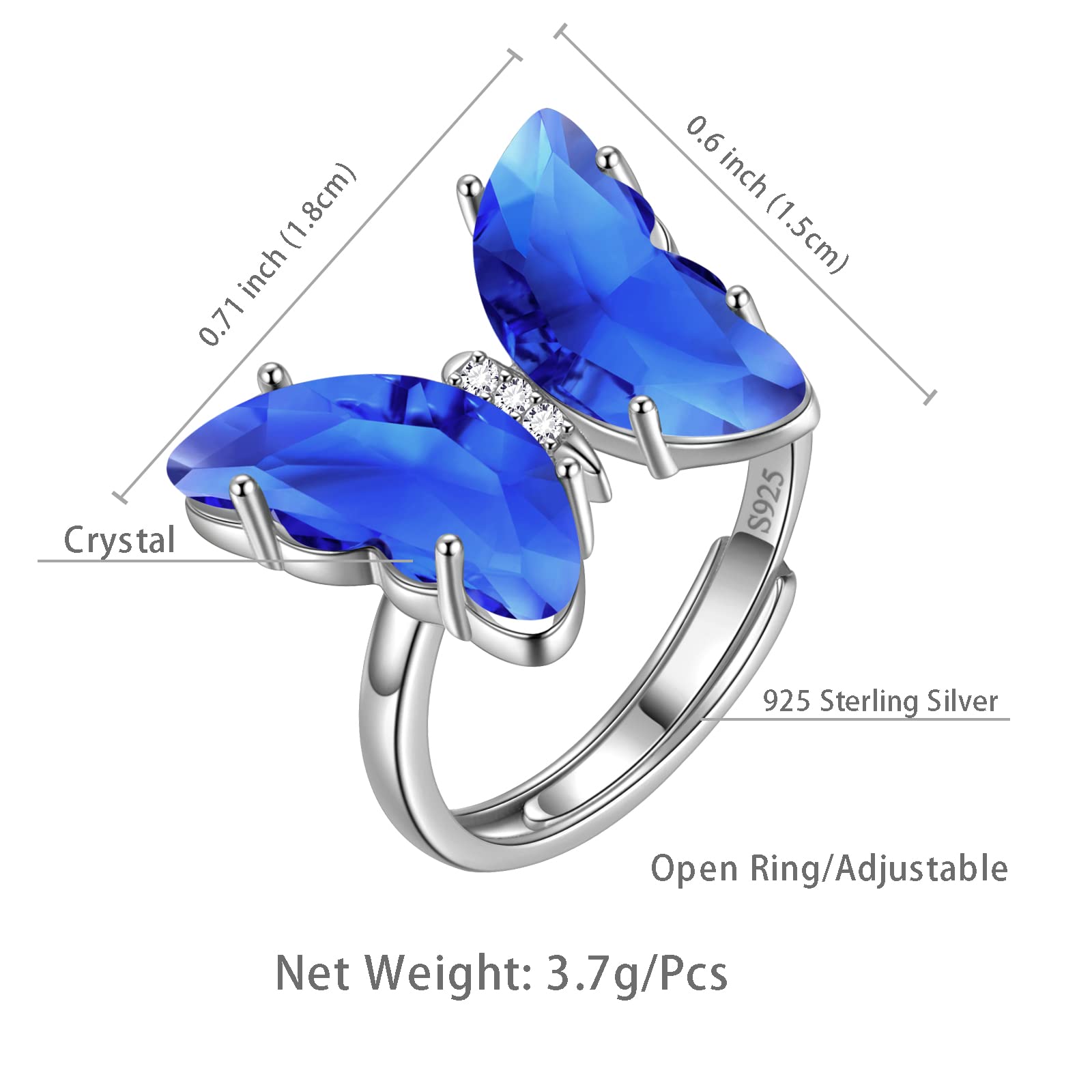 Blue Butterfly Heart Ring Adjustable Women 925 Sterling Silver Animal Butterflies September Created Sapphire Birthstone Sapphire Open Ring Crystal Wedding Birthday Jewelry DR0133S