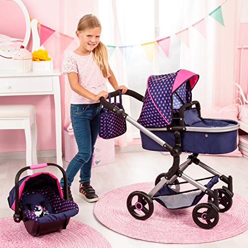 Bayer Design Baby Doll City Vario Pram, Blue Pink with Hearts Unicorn