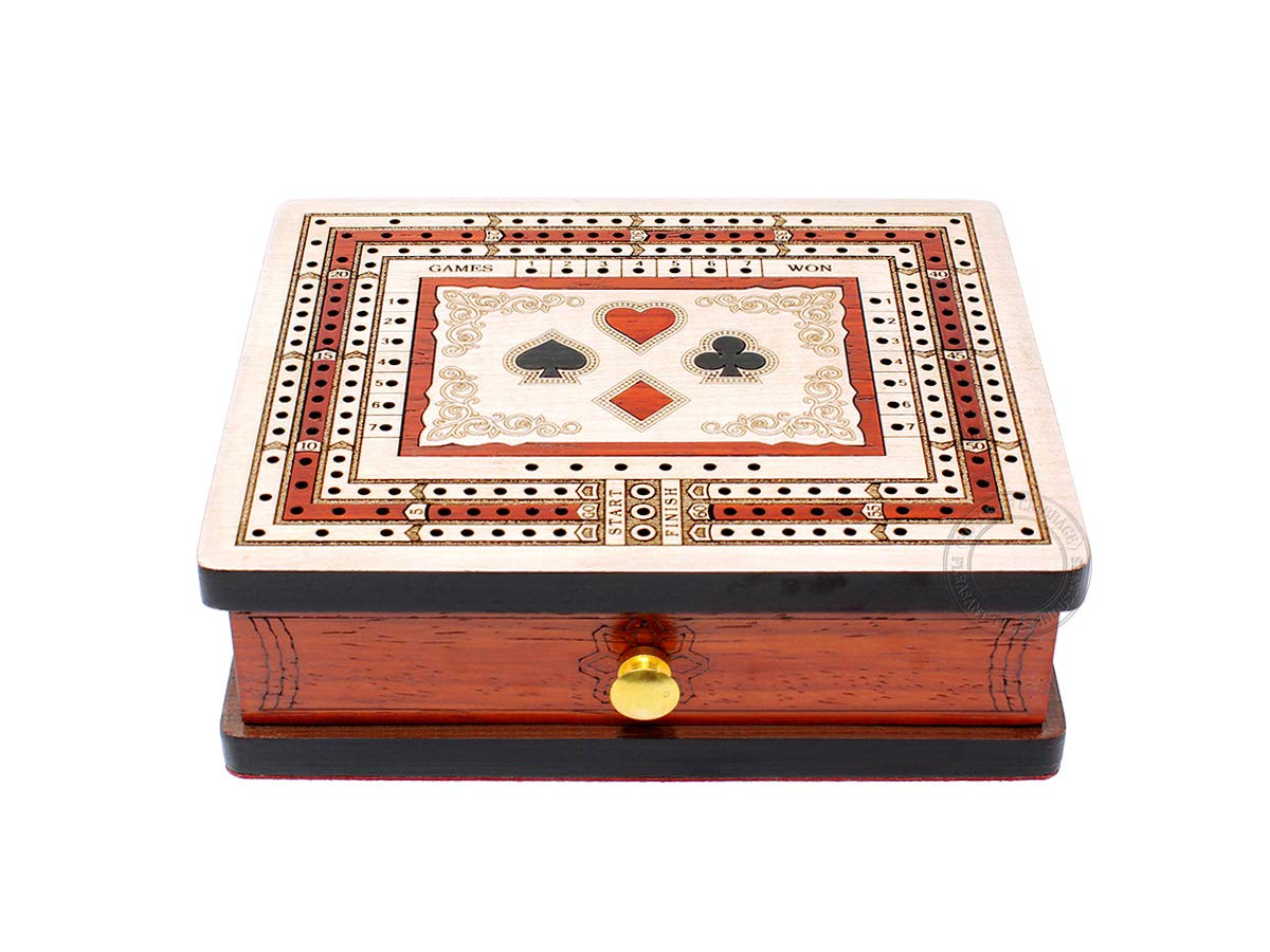 House of Cribbage - 3 Track - 60 Points Non-Continuous Travel Cribbage Board Inlaid in Maple Wood/Bloodwood - Size:6" x 5" - Storage Drawer for Cribbage Pegs & Playing Cards