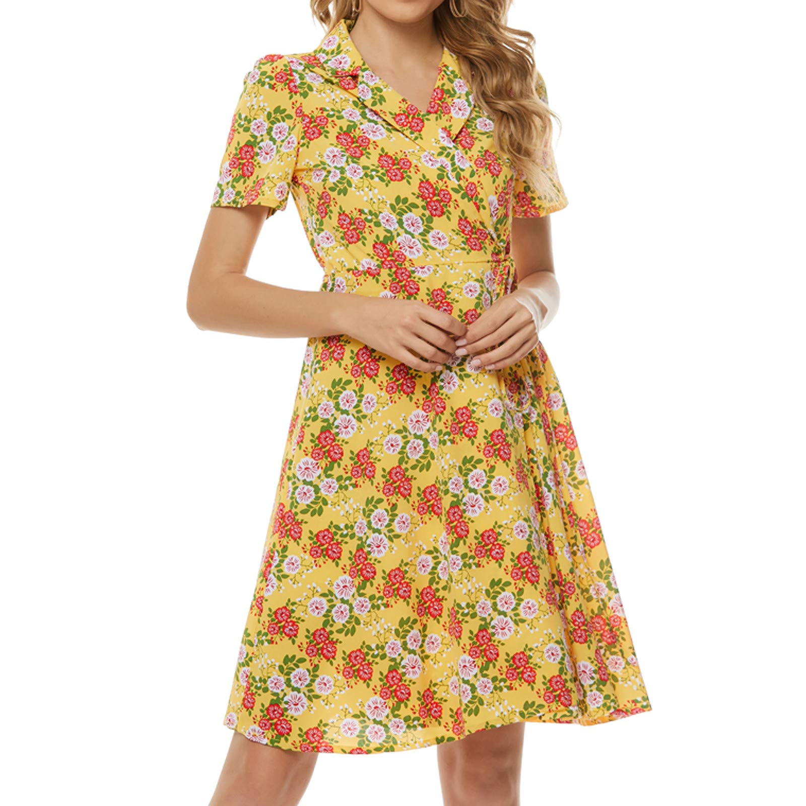 Padaleks Womens Dresses Summer Casual Floral Print Short Sleeve Midi V-Neck Baggy Split Beach Party Dress w/Belt