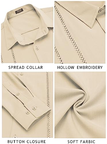 COOFANDY Men's Linen Shirts Casual Cuban Guayabera Shirt Long Sleeve Beach Shirts Beige