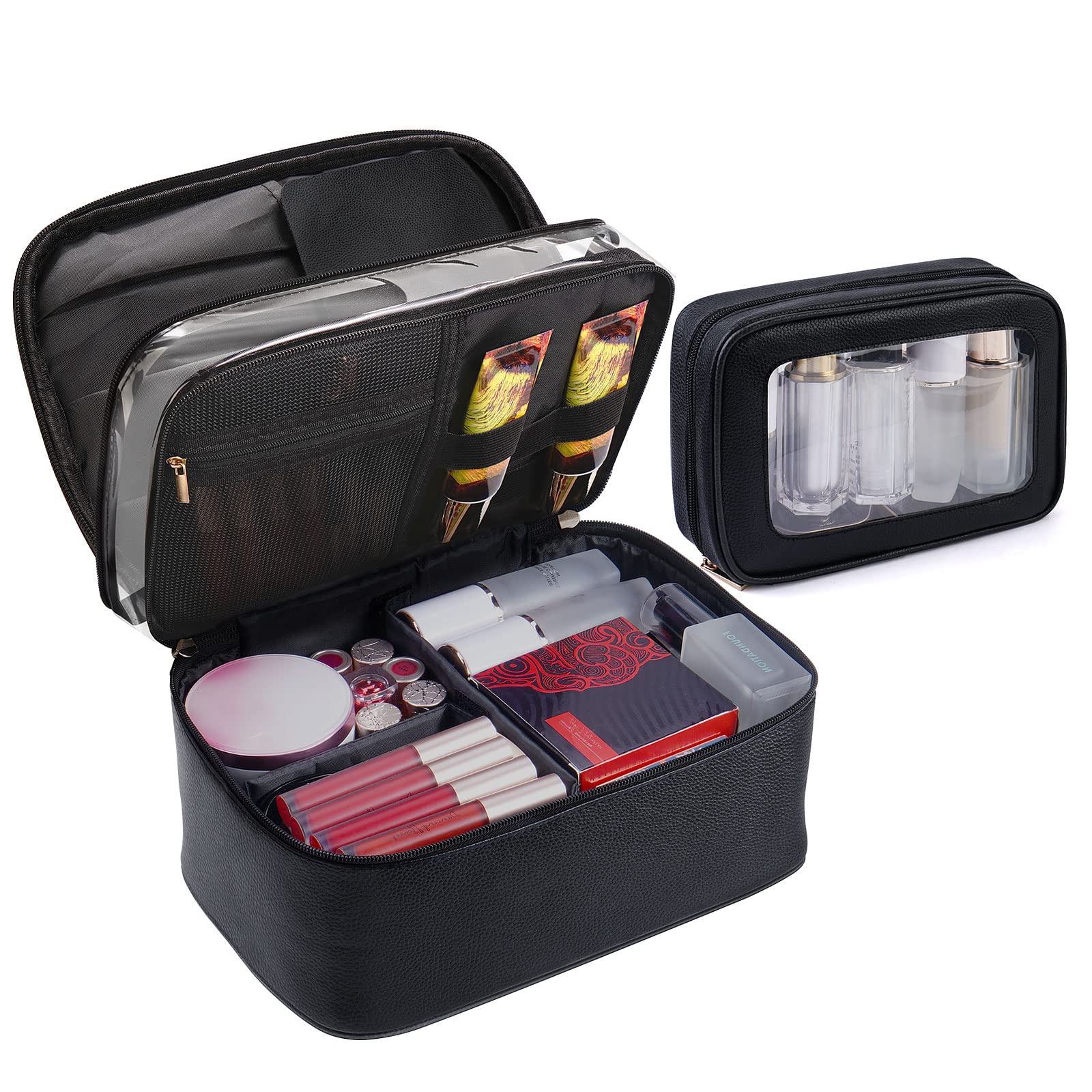 MAGEFY 2 PCS Travel Cosmetic Bags Leather Double Layer Organizer Clear Toiletry Bag Black Makeup Bags for Women Gifts with Adjustable Dividers