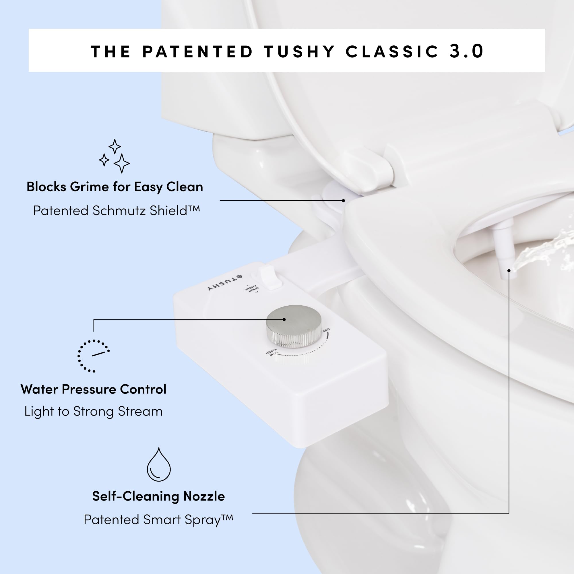 TUSHY Classic 3.0 Bidet Toilet Seat Attachment - A Non-Electric Self Cleaning Water Sprayer with Adjustable Water Pressure Nozzle, Angle Control (Classic 3.0, White/Platinum + Relaxed Ottoman)