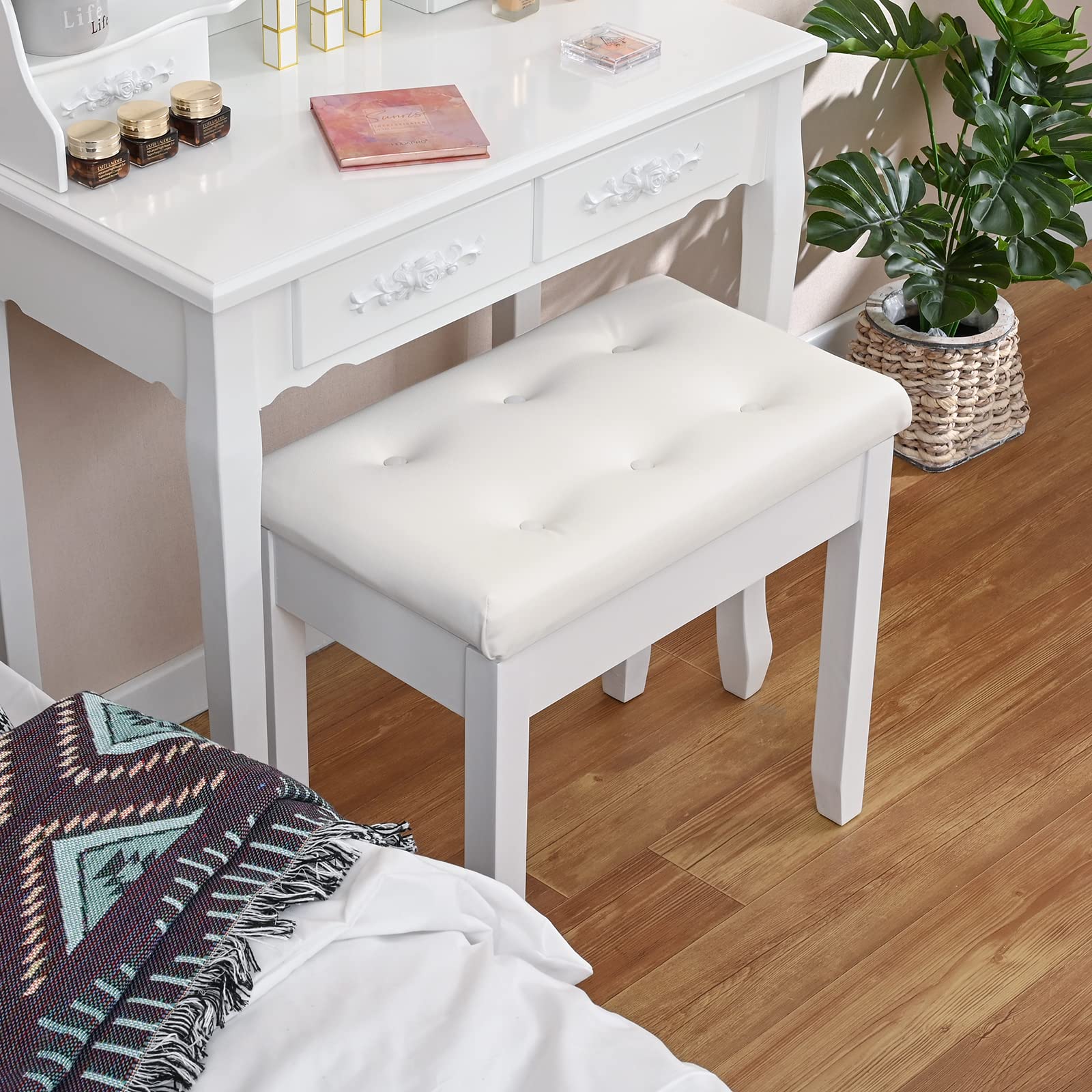 Iwell Piano Bench with Padded Cushion and Storage Compartment for Music Books, Keyboard Bench, Vanity Stool Chair with Solid Wood Leg, 20.5" L x 12.6" W x 19.7" H, White