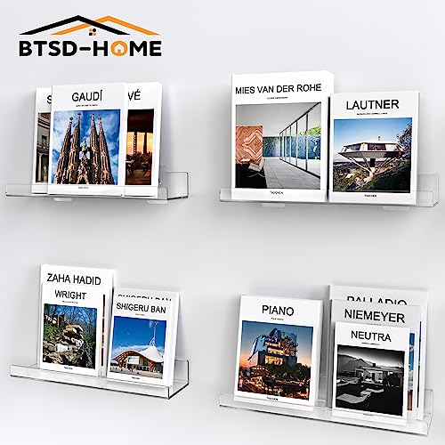 BTSD-home 6 Pack 15'' Clear Acrylic Shelves for Wall, Acrylic Wall Shelves Invisible Mounted Display Ledge Kids Bookshelf for Bathroom, Living Room, Bedroom, Kitchen, Study