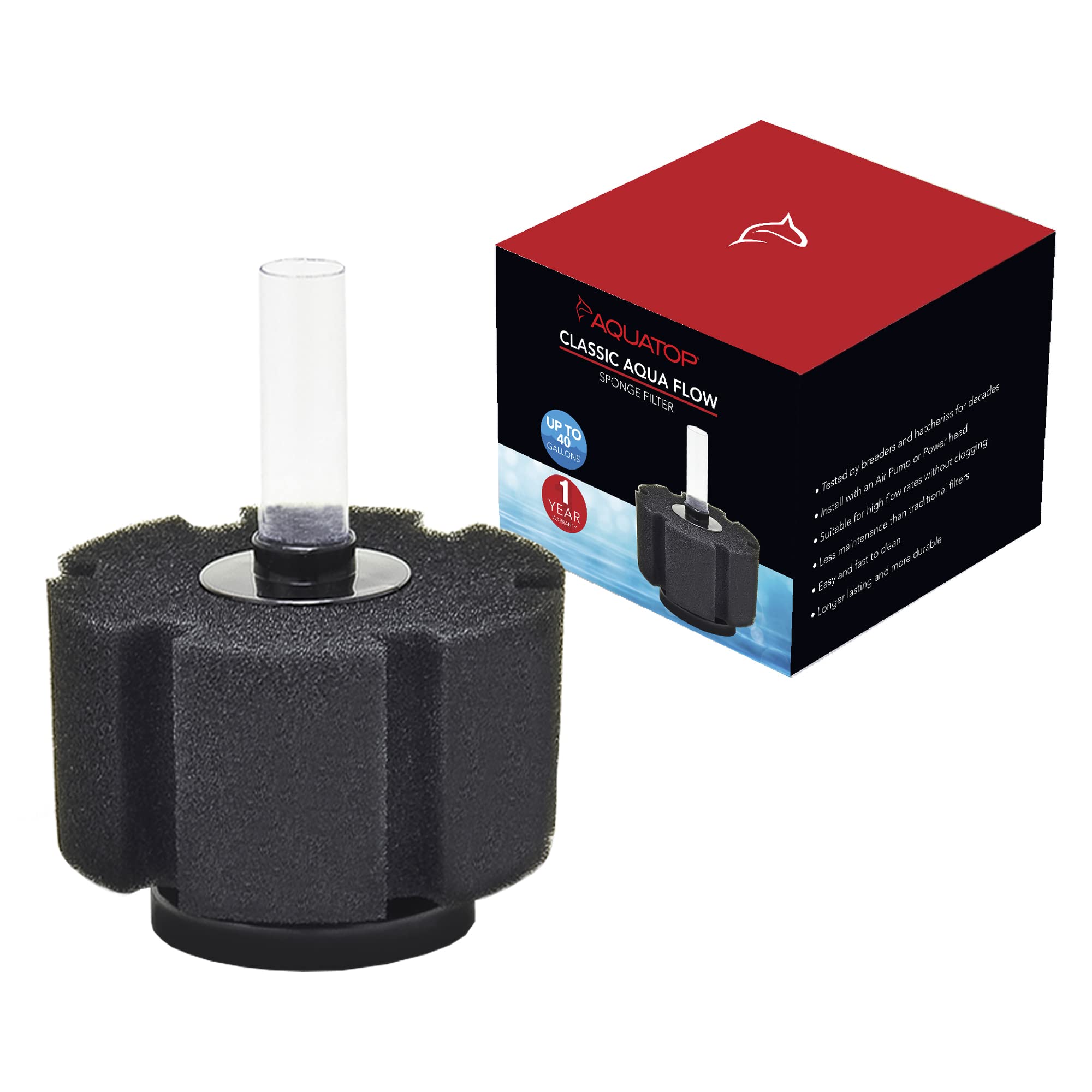 Aquatop Internal Sponge Filter for Aquariums - Up to 40 Gallon Tanks, Works with Air Pumps or Powerheads, CAF-40