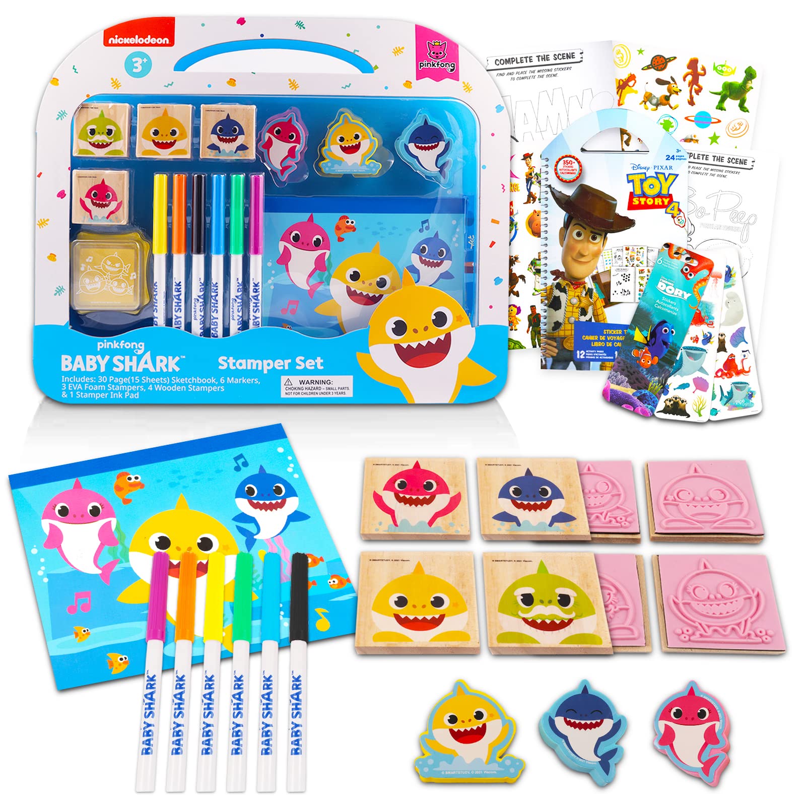 Pink Fong Baby Shark Baby Shark Stamper Set for Kids - Baby Shark Arts and Crafts Bundle with Stampers, Ink Pad, Markers, and Sketchbook Plus Stickers (Baby Shark Stamps)