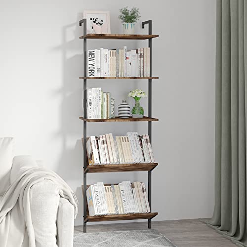 bukfen Ladder Bookshelf, 5 Shelf Modern Bookcase, Wall Mount Industrial Bookshelf, Open Wood Storage Shelves with Metal Frame for Bedroom Office, Rustic Brown