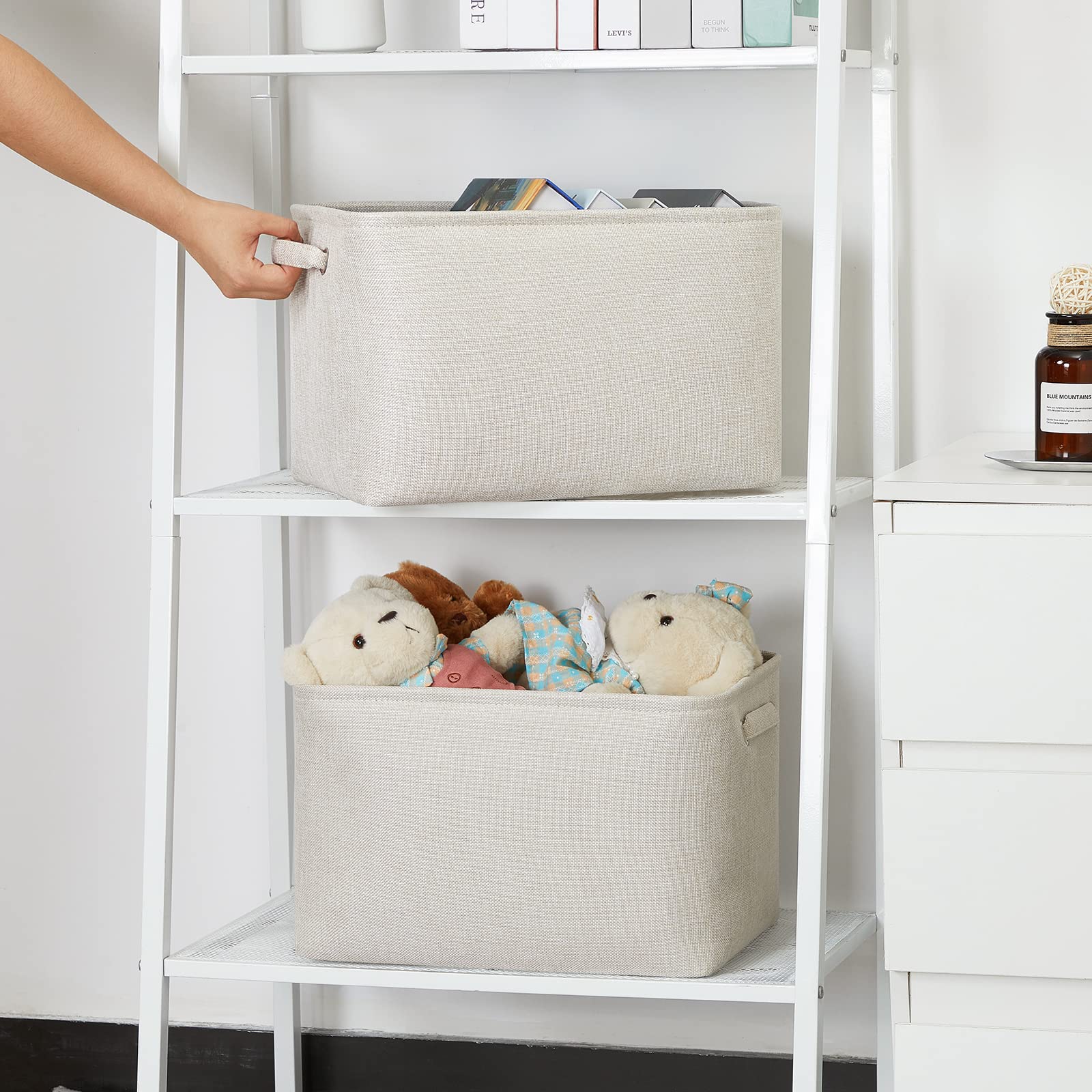 Bliecamile Fabric Storage Baskets for Organizing Closet, Beige Storage Baskets for Shelves, Large Closet Baskets for Nursery, Home, Large Canvas Storage Bin with Cloth Handles(Medium-3PCS, Beige)