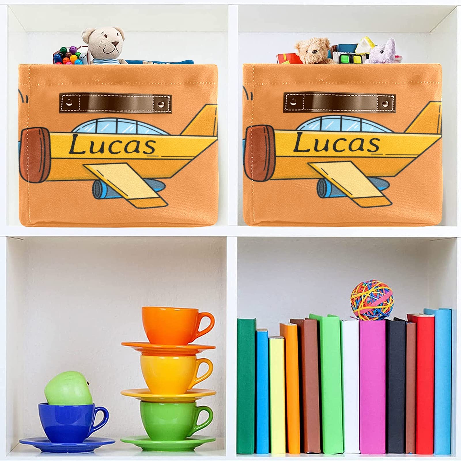 Cartoon Airplane Personalized Storage Basket,Custom Storage Bins Cubes Organizer with Handle for Bedroom Wardrobe Nursery Basket 1 Pack
