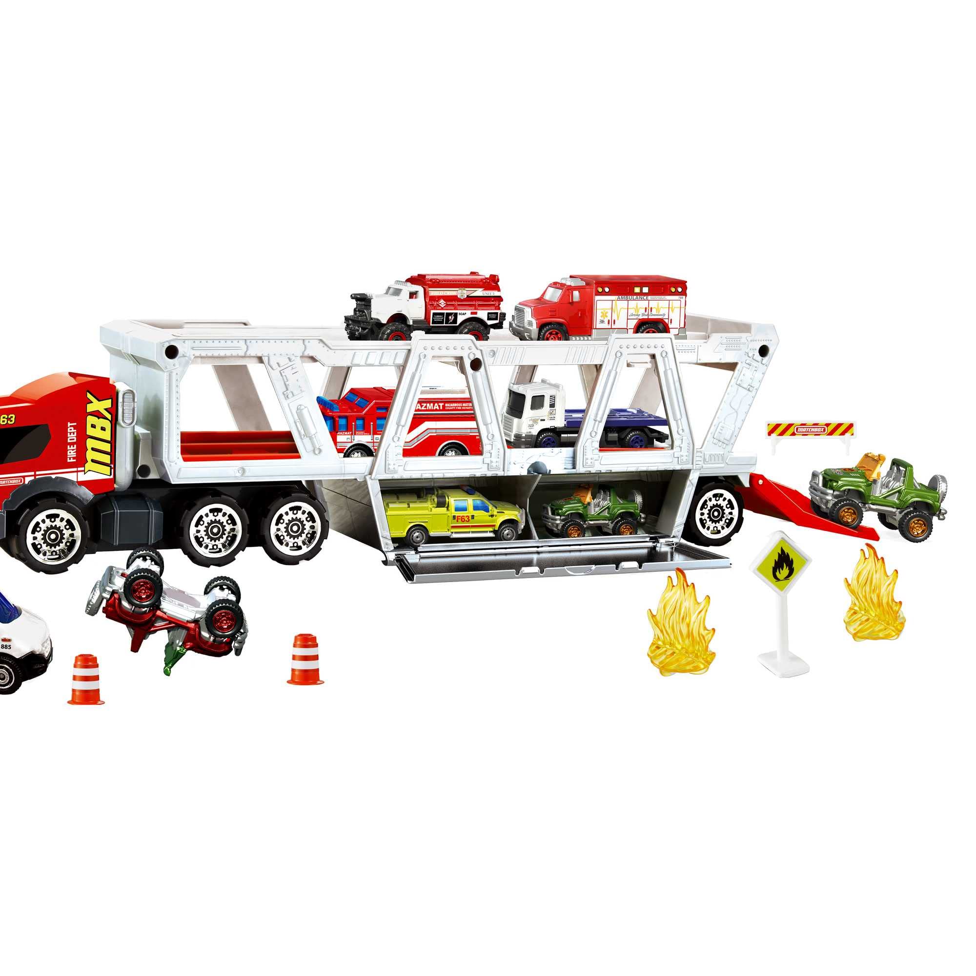 Matchbox Toy Cars, Fire Rescue Hauler Playset with 1:64 Scale Fire Truck & 8 Accessories, Storage for 16 Vehicles