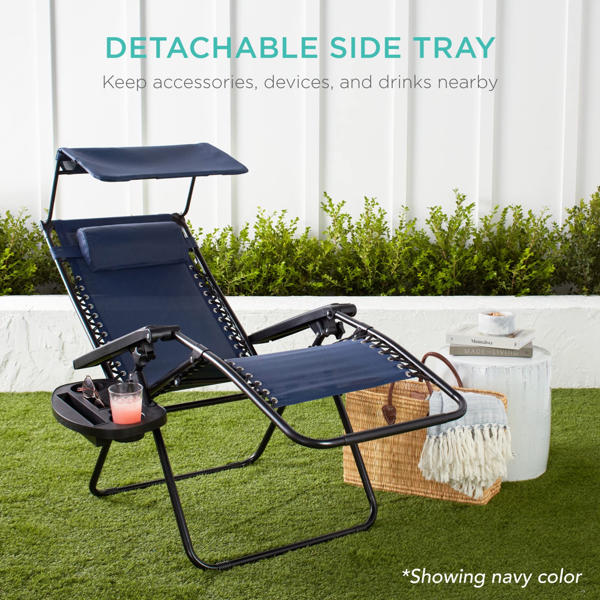 Best Choice Products Folding Zero Gravity Outdoor Recliner Patio Lounge Chair w/Adjustable Canopy Shade, Headrest, Side Accessory Tray, Textilene Mesh - Amethyst Purple