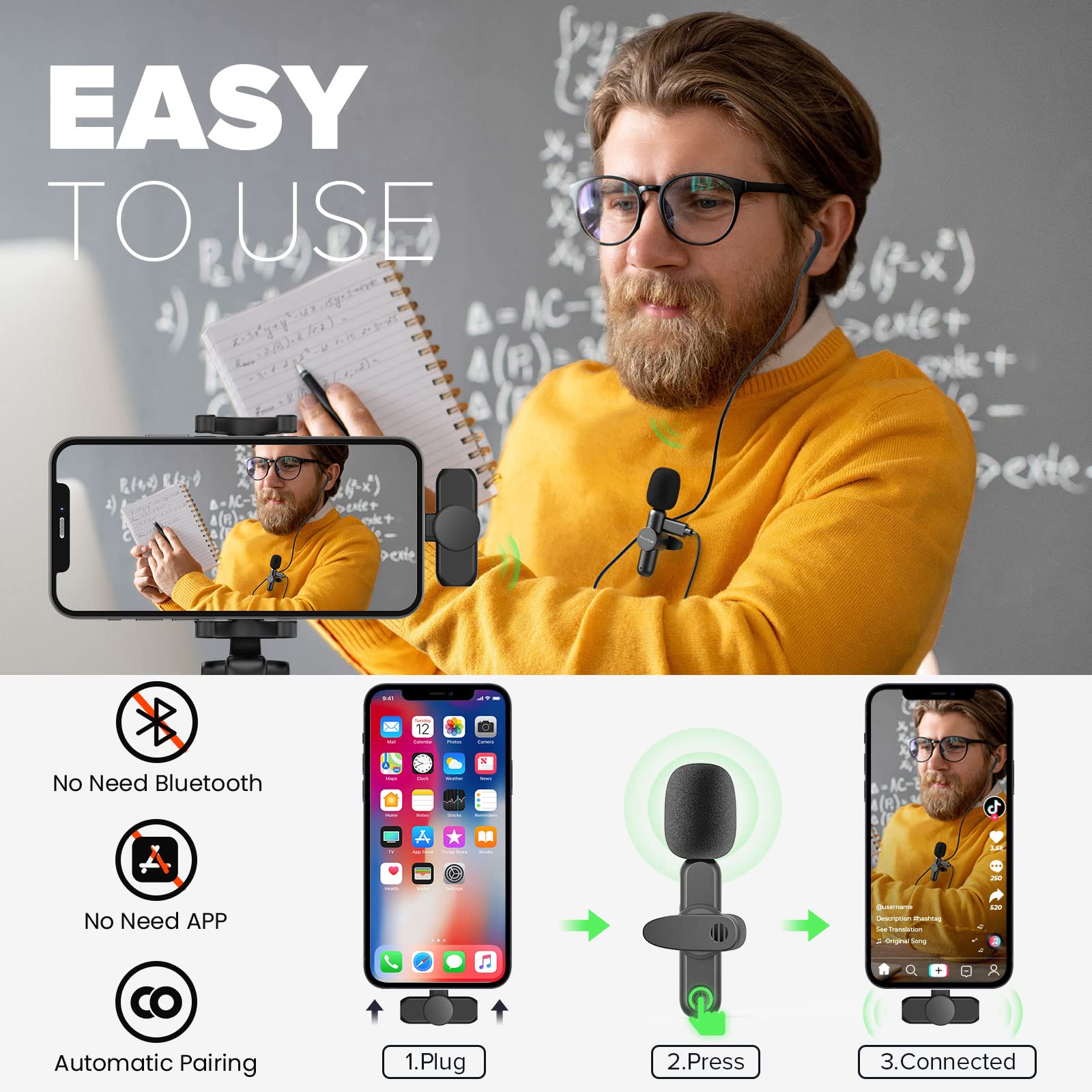 BILIYIP Wireless Lavalier Microphone for iPhone/iPad, Plug-Play Auto-Sync Omni Condenser Mic, 3-Levels Noise Reduction, Compatible with YouTube/TikTok, 5-6H Battery Life, 65ft Distance