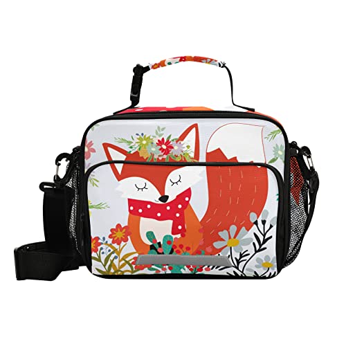 Cute Fox Lunch Box Flower Insulated Lunch Bag Girls Cooler Tote Kids Boys Shoulder Strap Reusable for School Picnic Travel Office