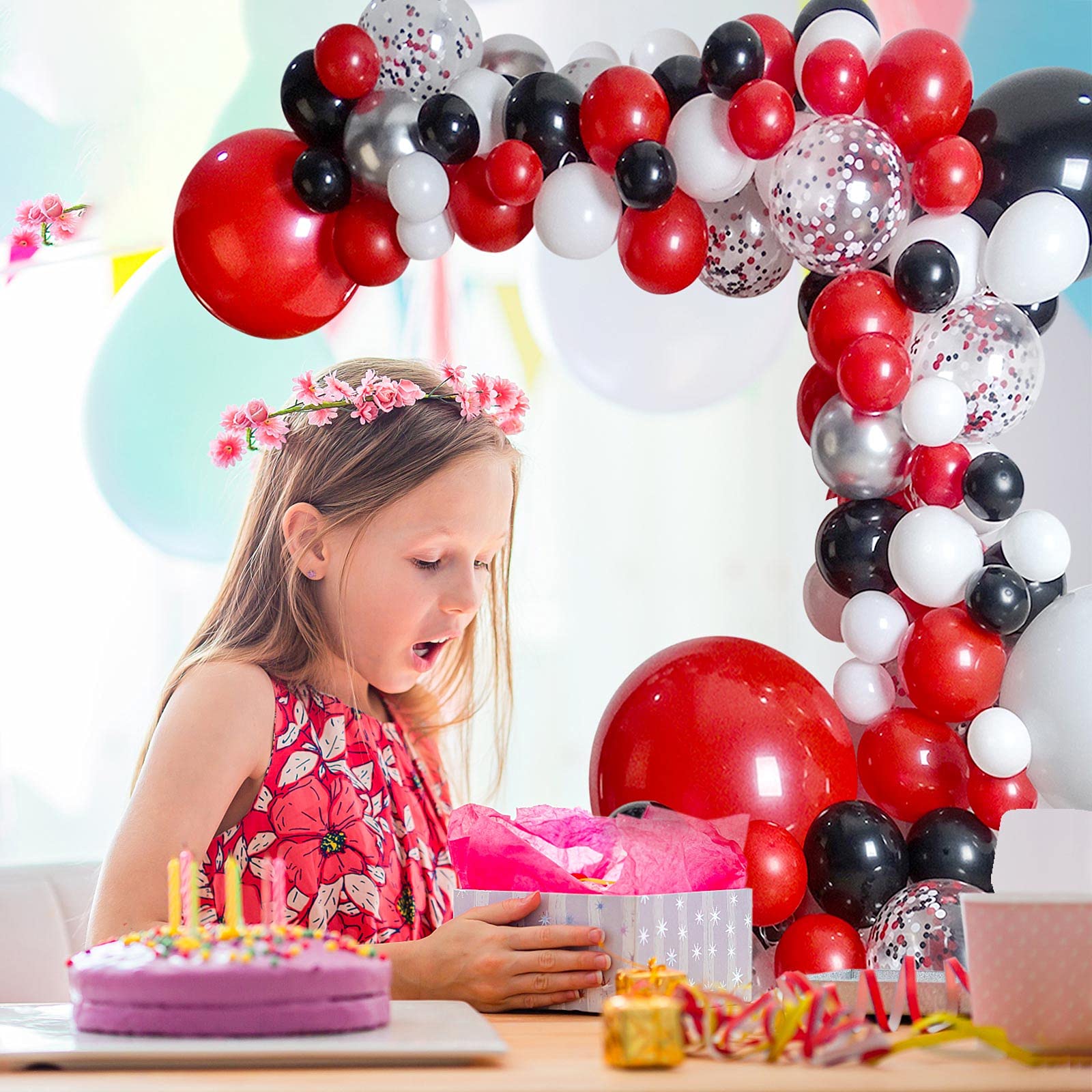 DIY Red Black White Silver Balloon Garland Arch Kit - Small and Large Red White Black Balloons Party Decorations for Graduation Birthday BBQ Baby Shower Party Decorations