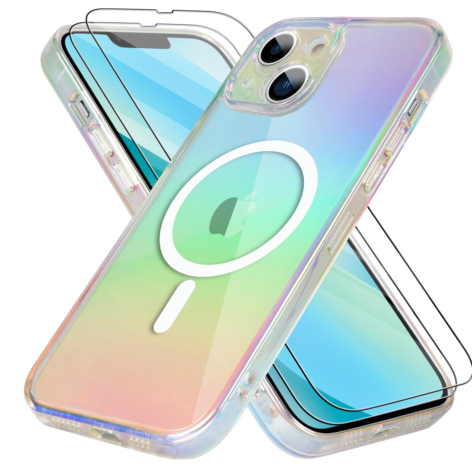 Bonoma for iPhone 13 Case Magnetic 【Support for MagSafe】 Bling Laser Florescent Iridescent Crystal Luxury Case Camera Protector + 2* Screen Protector Shockproof Edge Cover Case -Clear