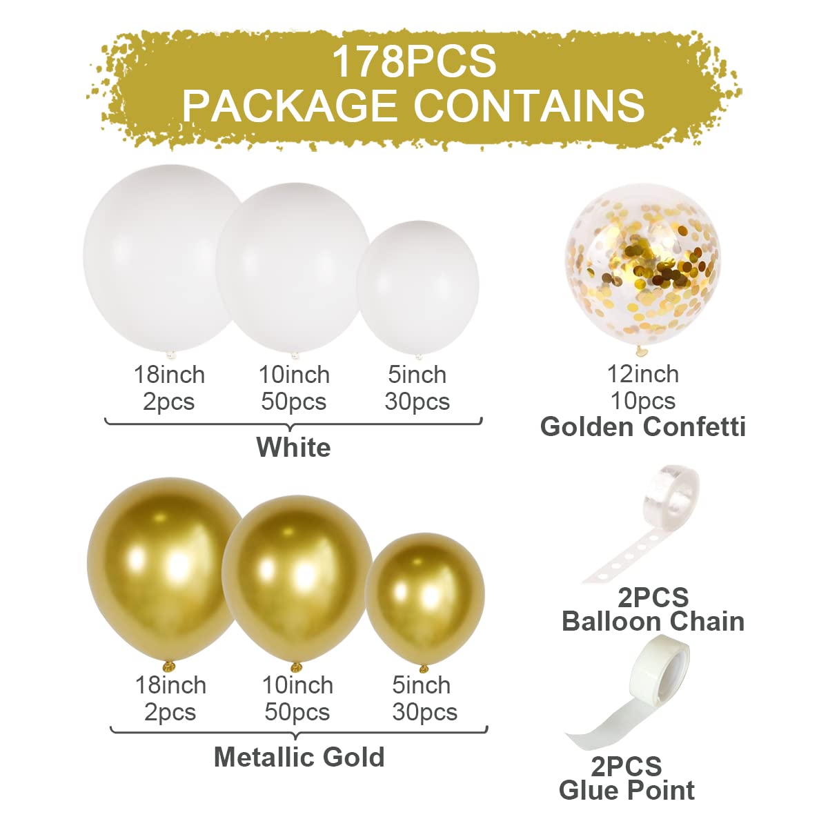 DIY White Gold Balloons Kit - 178 pcs Balloon Arch Garland Kit Include White Metallic Gold Confetti Balloons for First Communion Baptism Wedding Bridal Baby Shower Birthday Party Decorations Backdrop