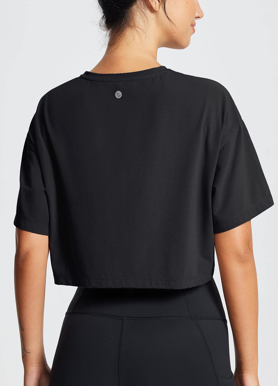 BALEAF Women's 𝐏𝐢𝐦𝐚 𝐂𝐨𝐭𝐭𝐨𝐧 Workout Crop Tops [Loose Fit] [Cute Crewneck] Short Sleeve Gym Athletic Casual T-Shirts Black L