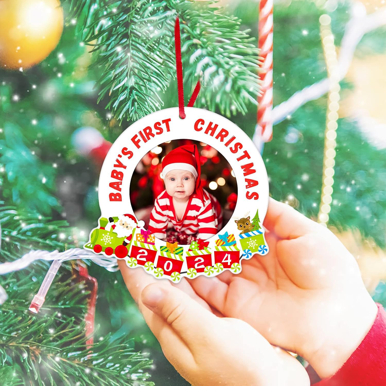 FaCraft Picture Frame Babys First Christmas Ornament 2024,1.77"x1.97" Photo Frame Baby's First Christmas Ornament 1st Train Personalized Baby Ornament Tree Decorations for Baby Boy Girl New Born
