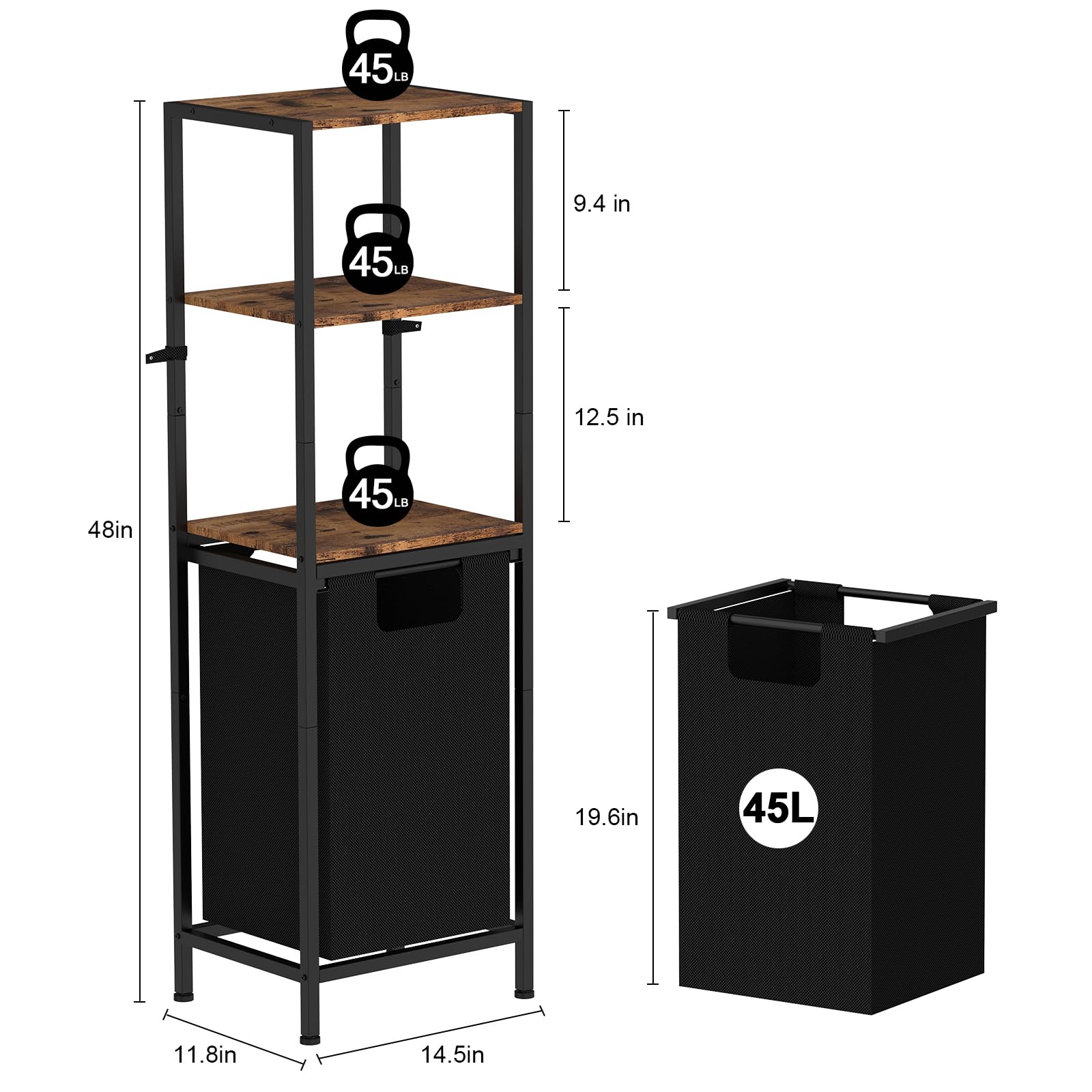 Laundry Hamper with Shelf, Laundry Basket with Storage Shelf, 3-Tier Laundry Room Hamper, Bathroom Laundry Hamper Cabinet with Shelves, Industrial Laundry Sorter with Pull Out Removable Bag, Black