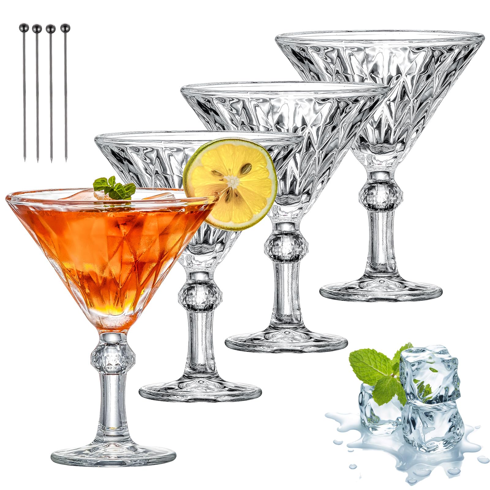 PTSTING Martini Glasses, 4pcs 10oz Cocktail Glasses Set, Art Deco Design Glass, for Martini, Cocktail, Margarita, Cosmopolitan, Manhattan, Brandy, Ideal Gift
