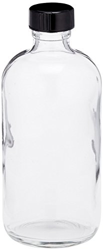 JG Finneran D0149-8 Clear Borosilicate Glass Standard Boston Round Bottle with Black Phenolic Closure, PE Cone Lined, 24-400mm Cap Size, 8oz Capacity (Pack of 12)
