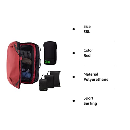 COR Surf Carry On Travel Backpack Bundle | Island Hopper Travel Backpack with Toiletry Bag and Compression Packing Cube Set (38L, Red)