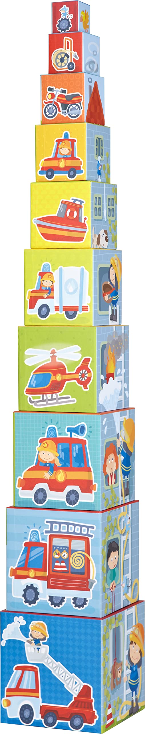 HABA Fire Brigade Sturdy Cardboard Nesting & Stacking Cubes - Reinforcing Numbers 1-10 with Rescue Themes on Each Side