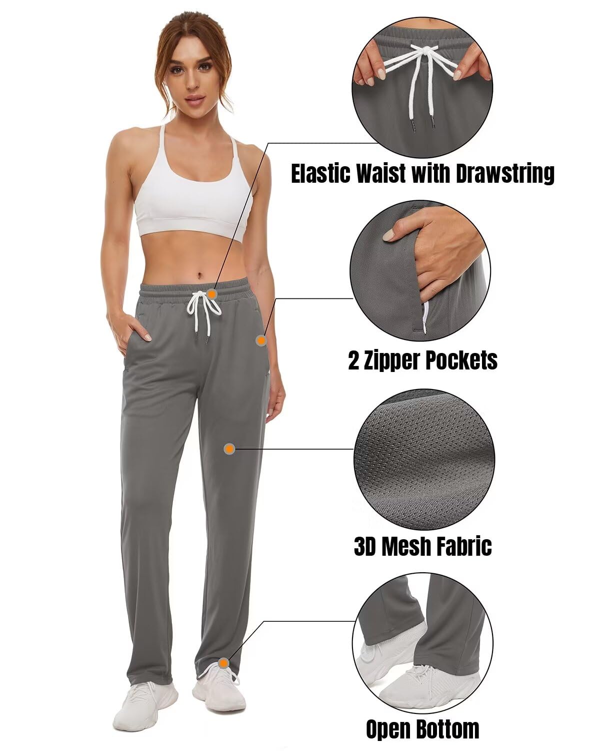 Boladeci Womens Lightweight Breathable 3D Mesh Sweatpants with Zipper Pockets Elastic Waist Drawstring Quick Dry Comfy Open Bottom Running Workout Gym Athletic Track Pants Black Size M