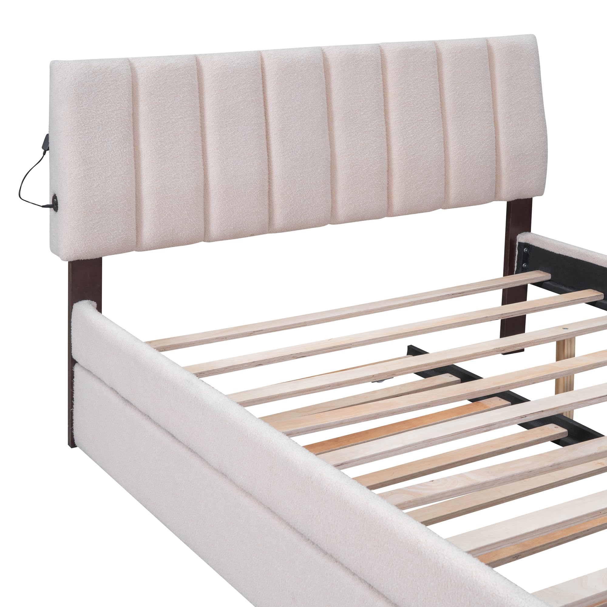 Brisca Full Size Teddy Fleece Upholstered Platform Bed with Trundle and LED,Bed Frame W/Stripe Designed Headboard,for Bedroom,Apartment,Guest Room,Beige