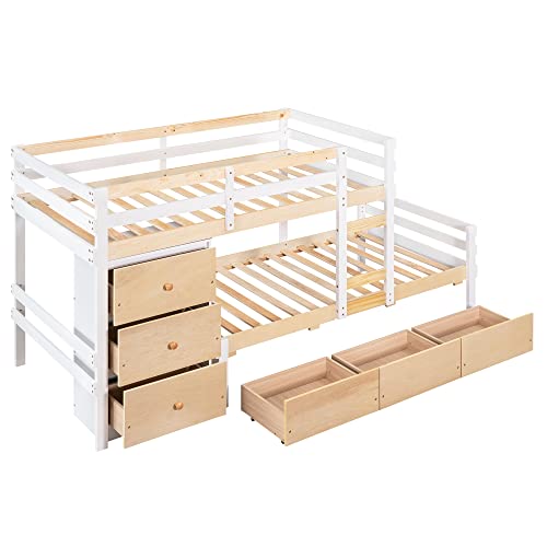 Brisca Twin Over Twin Loft Bunk Bed with 6 Storage Drawers and Ladder,Bed Frame W/Neutral Finish & Simple Design,for Apartment,Bedroom,Guest Room,Natural