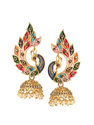 Bindhani Indian Bollywood Style Gold Toned Peacock Meenakari Jhumka Earrings For Women