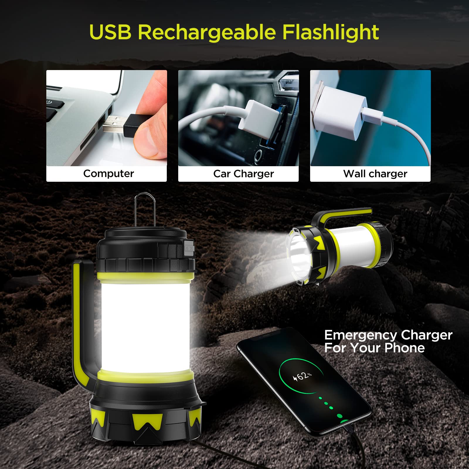 Bochaos Rechargeable Flashlights Camping Lantern,6 Modes LED Bright Flashlight 3000mAh Power Bank, IPX4 Waterproof, Emergency Flashlight Lantern for Outdoor, Hurricane, USB Cable Included-1 Flashlight