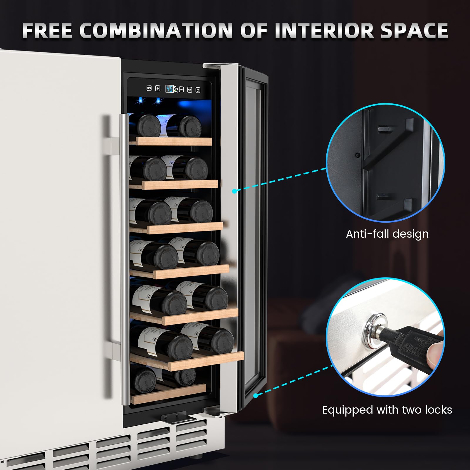Mojgar Wine and Beverage Refrigerator, 24 Inch Dual Zone Wine Fridge with Safety Locks, Under Counter Wine Cooler Beer Fridge Built-In or Freestanding, Holds 20 Bottles and 57 Cans