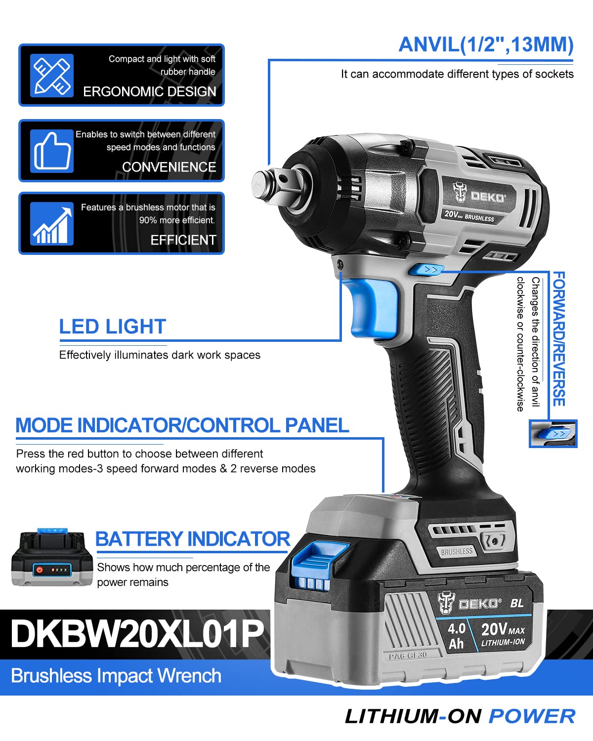 DEKOPRO Impact Wrench Cordless Impact Wrench 1/2 inch Impact Driver Brushless Motor Impact Gun High Torque 295 ft lbs (400N.m) with 4.0A Li-ion Battery and Fast Charger