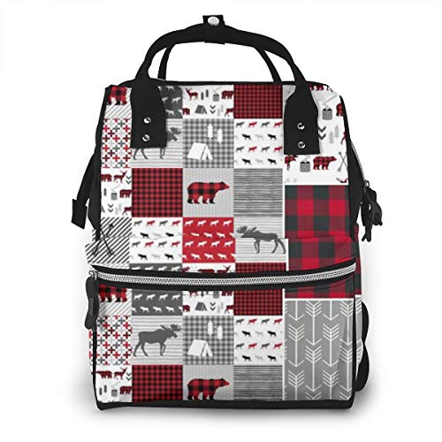 Bear Wood land Moose Plaid Waterproof Diaper Backpack,compartment With Two Pockets And Eight Storage,Stylish And Durable Baby Nursing Bags For Parents