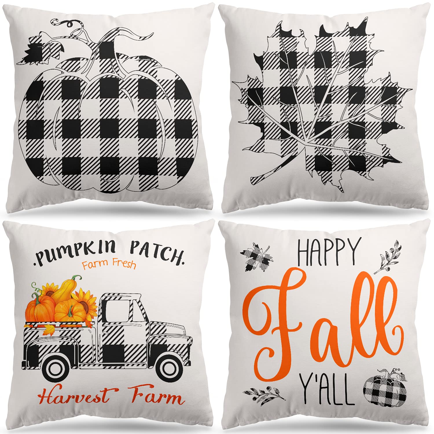 MingTa Happy Fall Pillow Covers 18x18 Set of 4, Linen Buffalo Plaid Maple Pumpkin Truck Farmhouse Thanksgiving Throw Pillow Covers Outdoor and Indoor, Pillow Cases for Sofa Couch Fall Home Decor