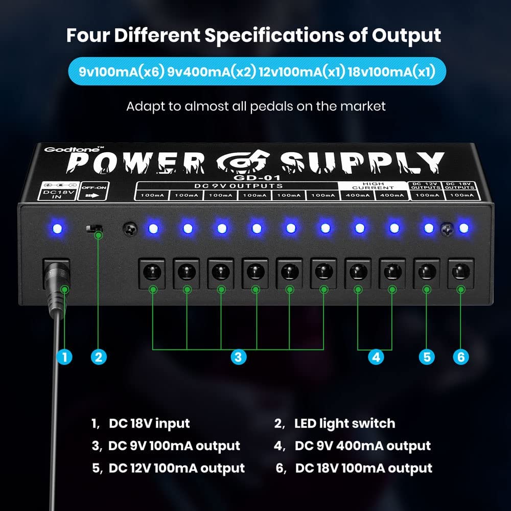 Guitar Effect Pedal Power Supply 10 DC Output for 9V 12V 18V Pedals with Short Circuit Overcurrent Protection Separate GD-01
