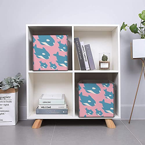 Cartoon Orca Whale Canvas Collapsible Storage Bins Cube Organizer Baskets with Handles for Home Office Car