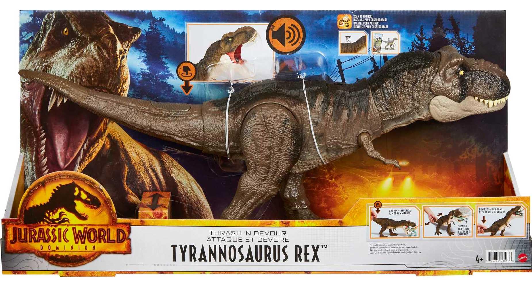 Mattel Jurassic World Dominion Dinosaur Toy, Thrash ‘N Devour Tyrannosaurus Rex Action Figure with Sound & Motion